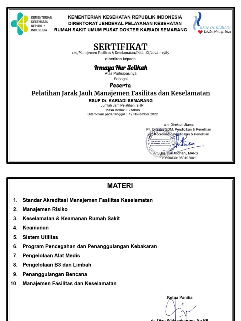 Sertifikat MFK Irmaya Nur Solikah | PDF