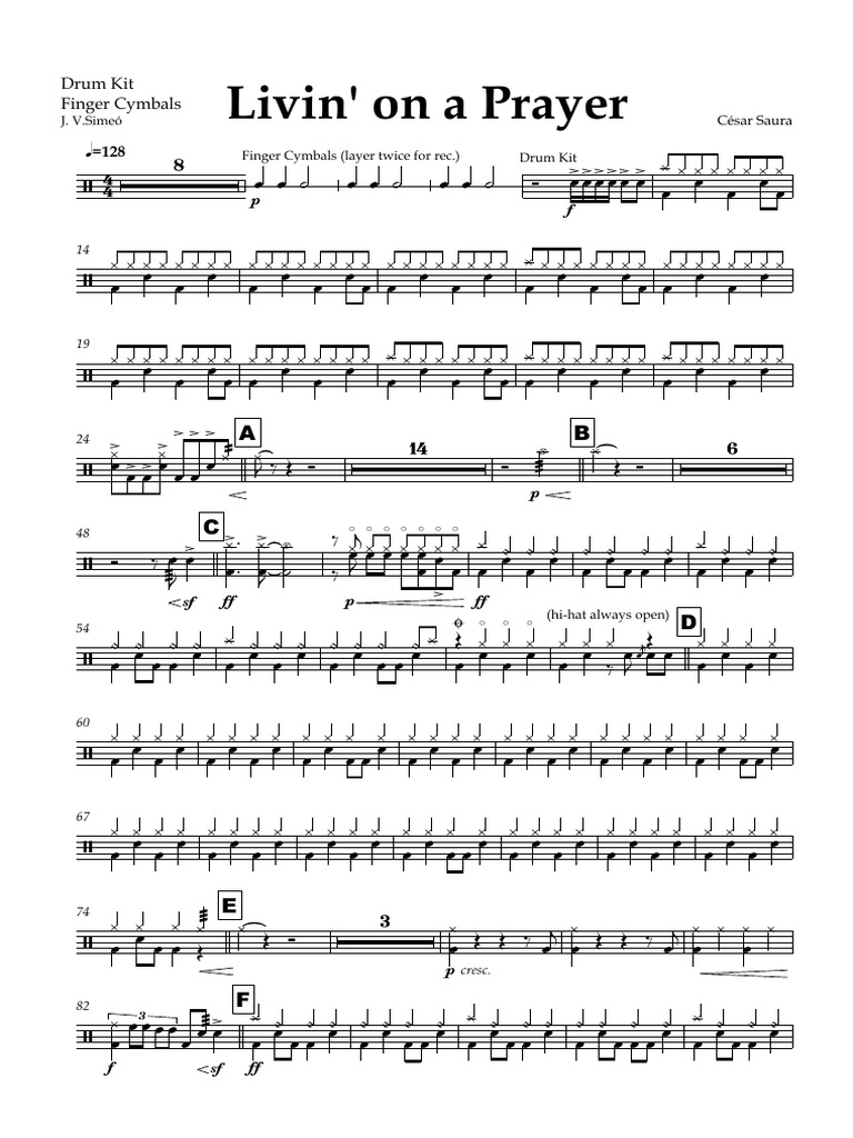 Livin' on a Prayer Drum Sheet Music | PDF | Percussion Instruments ...