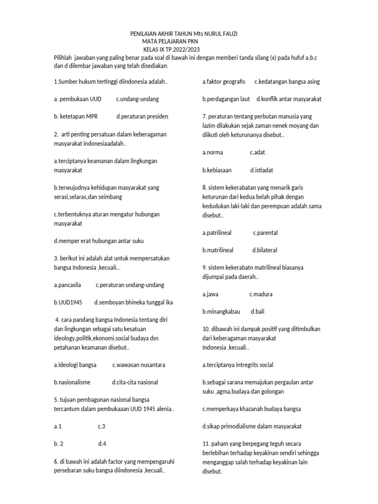 Pas PKN Kelas 7 2024 | PDF