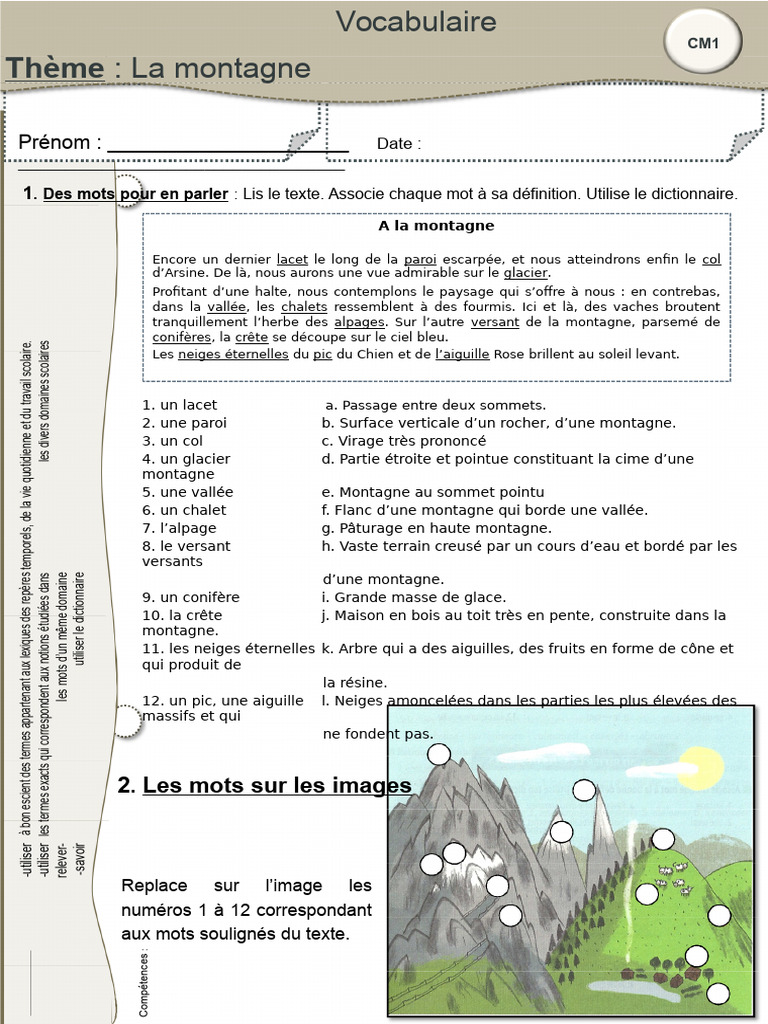 Vocabulaire de la montagne pour CM1 | PDF | Montagnes | Alpinisme