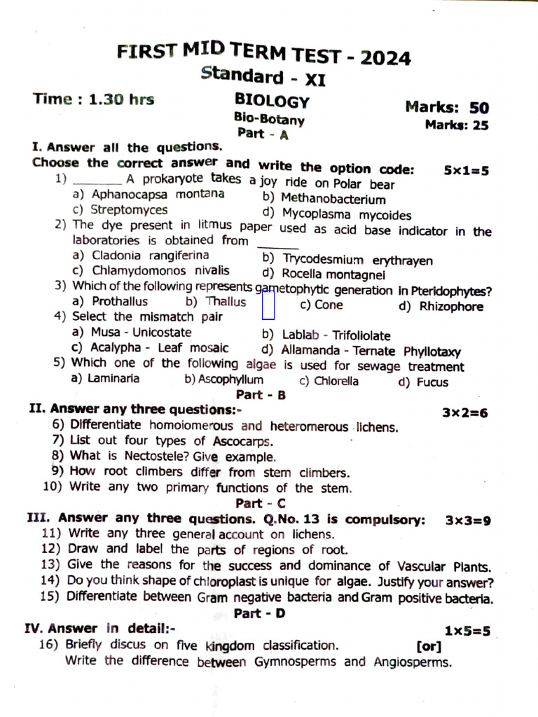 11th Biology 1st Mid Term Test 2024 Original Question Paper Rainpettai ...