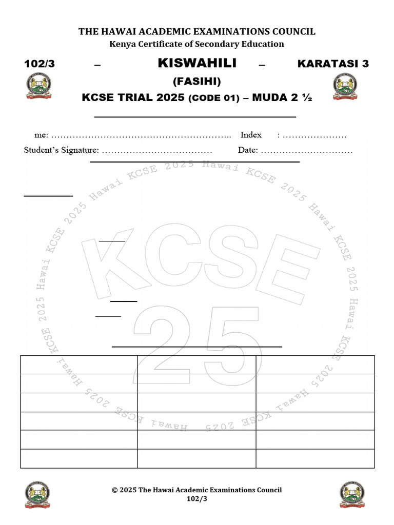 Kis Pp3 Qs Code 01 - Hawai Kcse Trial 2025 | PDF