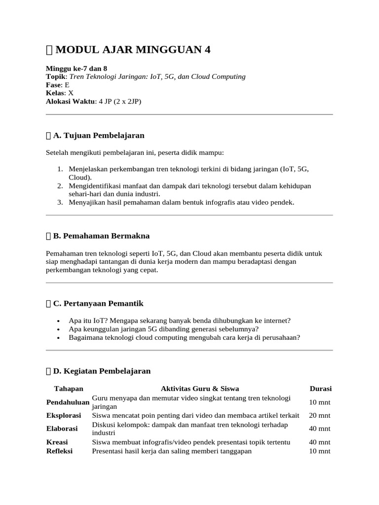 ? SMT1 - MODUL AJAR MINGGUAN 4-Tren Teknologi Jaringan IoT, 5G, Dan Cloud Computing | PDF