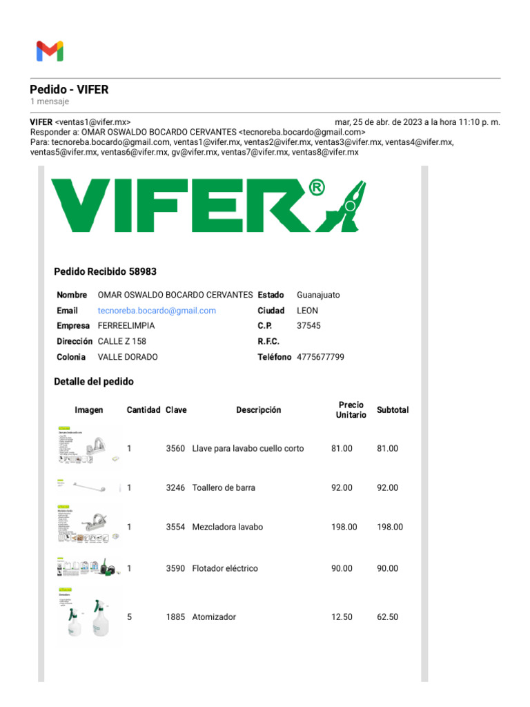 Pedido VIFER 58983 - Detalles y Total | PDF