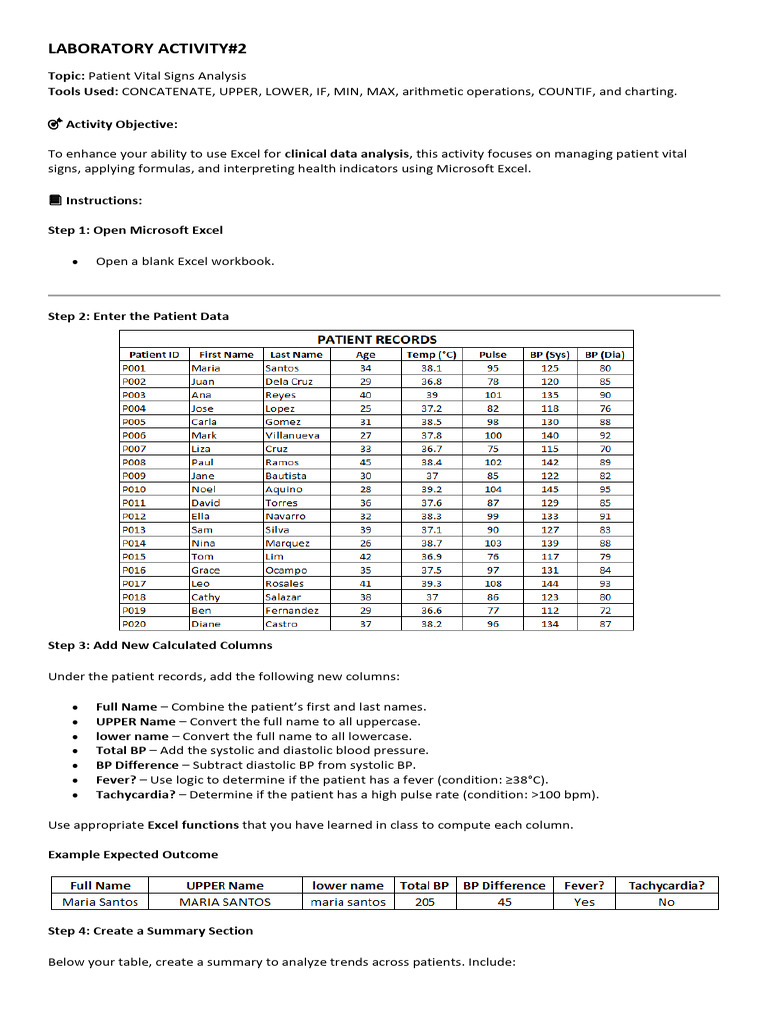 Patient Vital Signs Excel Analysis Guide | PDF