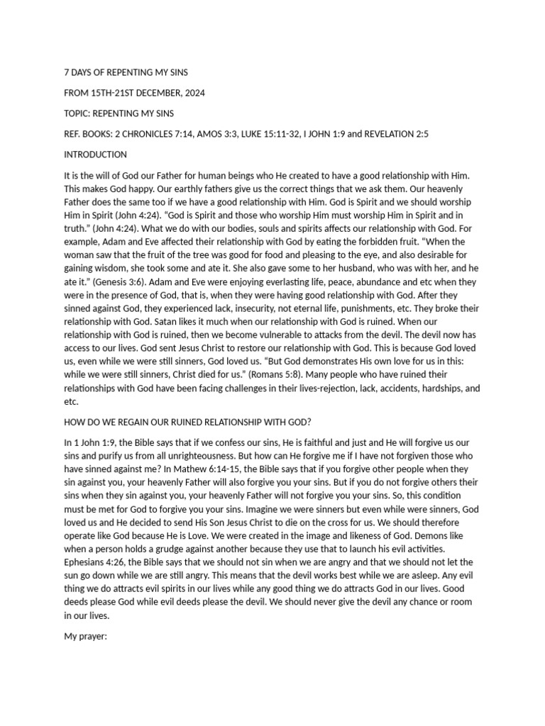 7 Days of Sin Repentance Guide | PDF | Satan | Adam And Eve