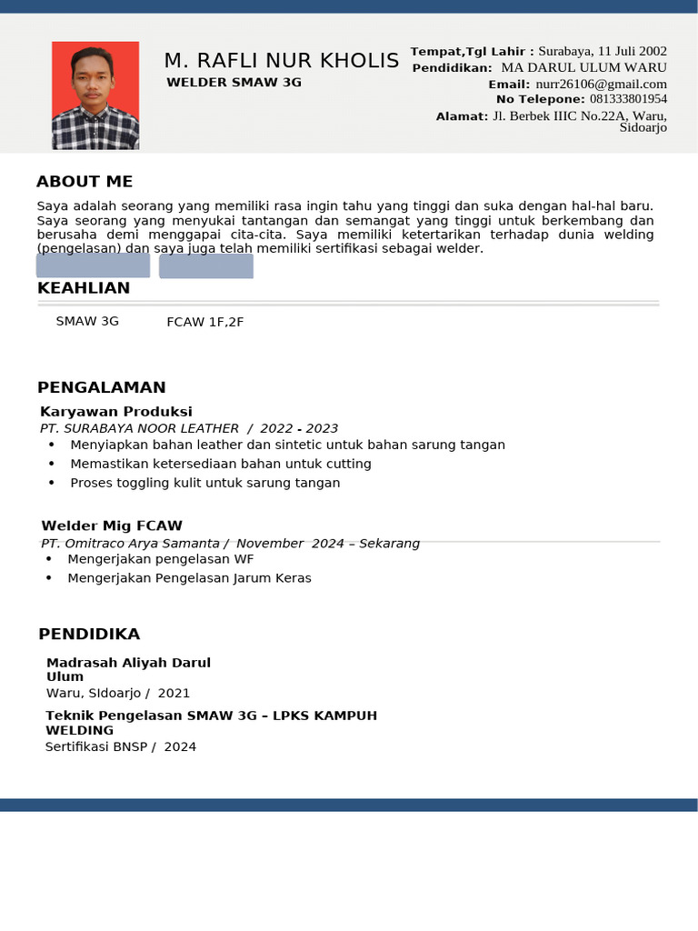 Contoh Resume Welder Terbaik | PDF