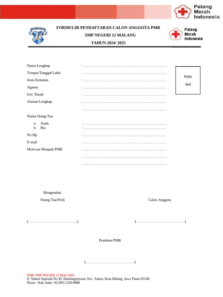 Formulir Pendaftaran Anggota PMR 2024 | PDF