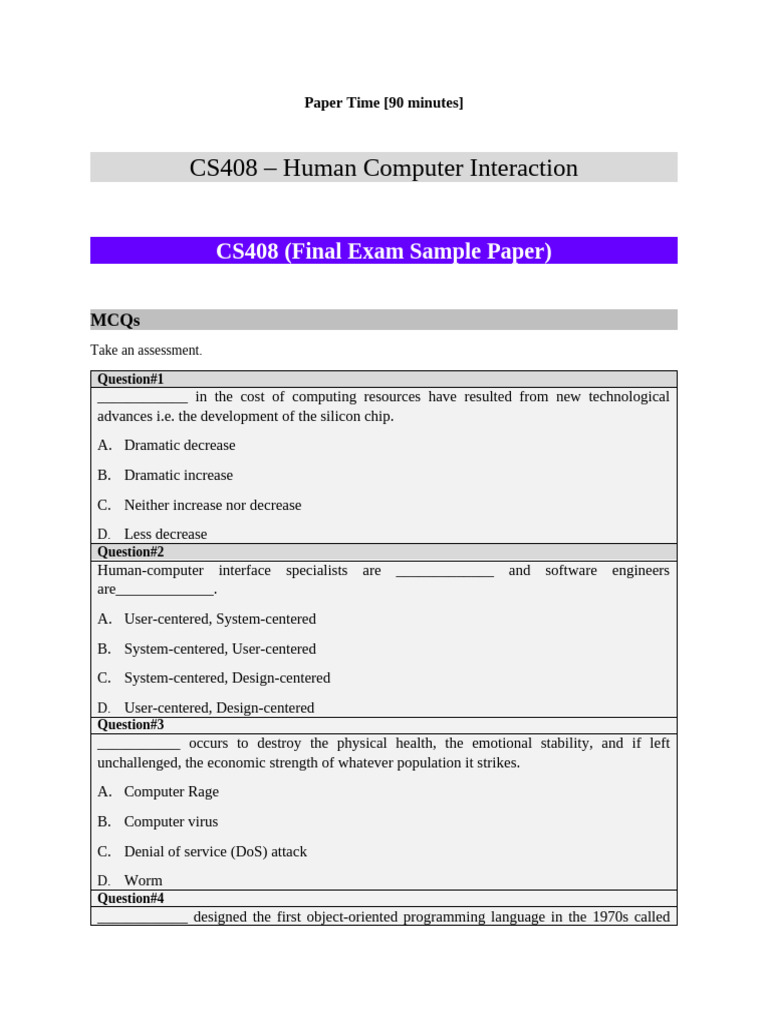 CS408 (Final Exam Sample Paper) | PDF | Color | Human–Computer Interaction