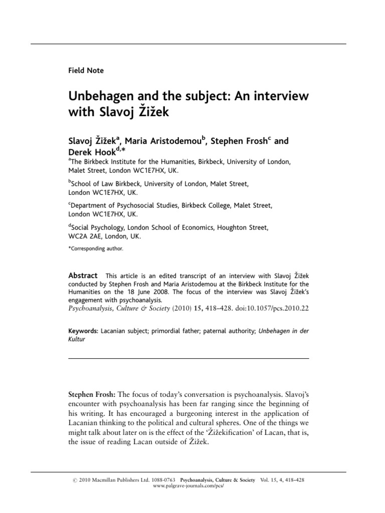 An Interview With Slavoj Žižek Unbehagen and The Subject | PDF ...