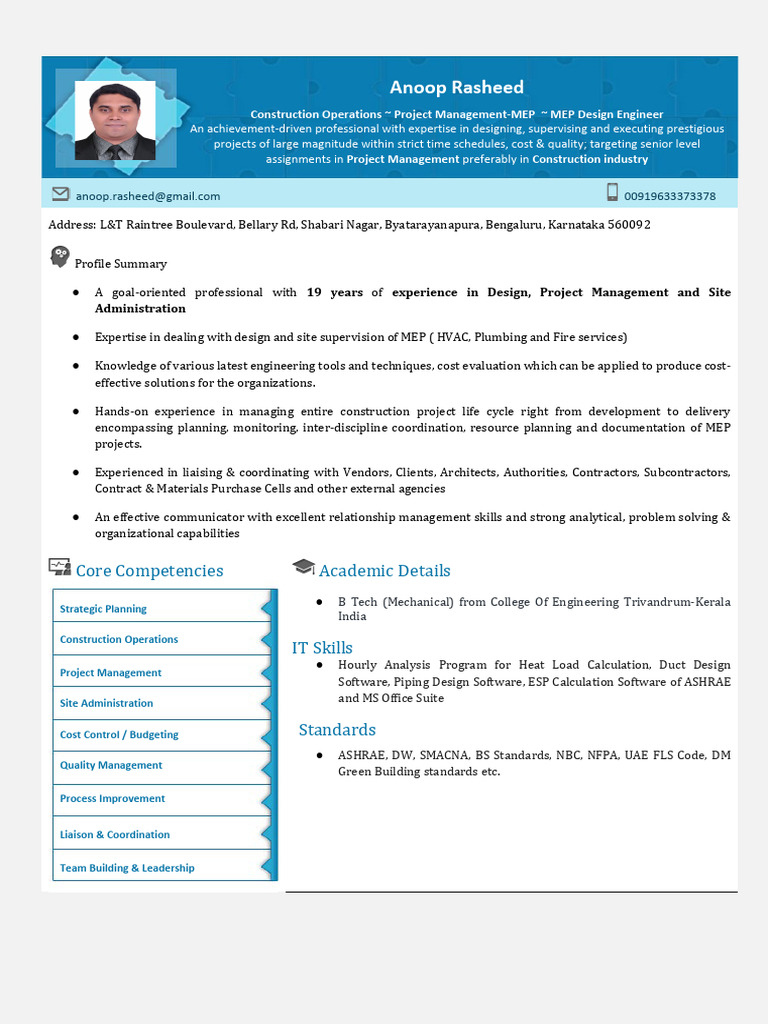 CV - Anoop Rasheed - MEP Design Engineer 21-04-2025 | PDF | Project Management | Business