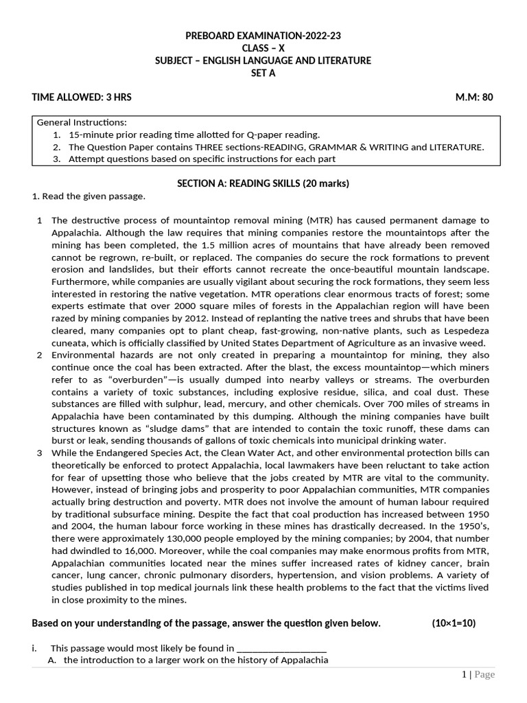 English - Class X - Set A - Preboard Examination | PDF | Mining