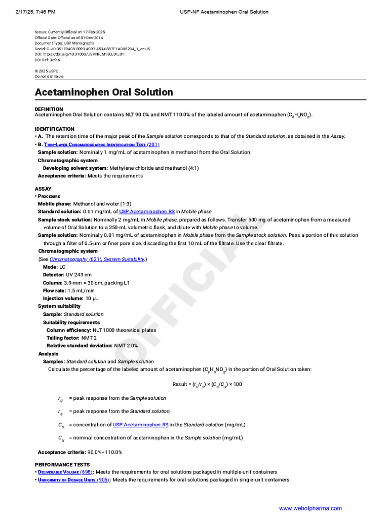 USP Monograph: Acetaminophen Solution | PDF | Chromatography | Elution