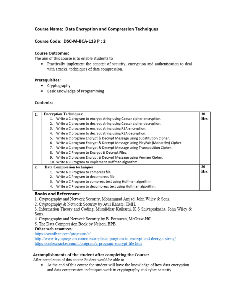 Sem1 - BCA - DSC-M-113 P - Data Encryption & Compression Practical | PDF | Encryption | Cryptography