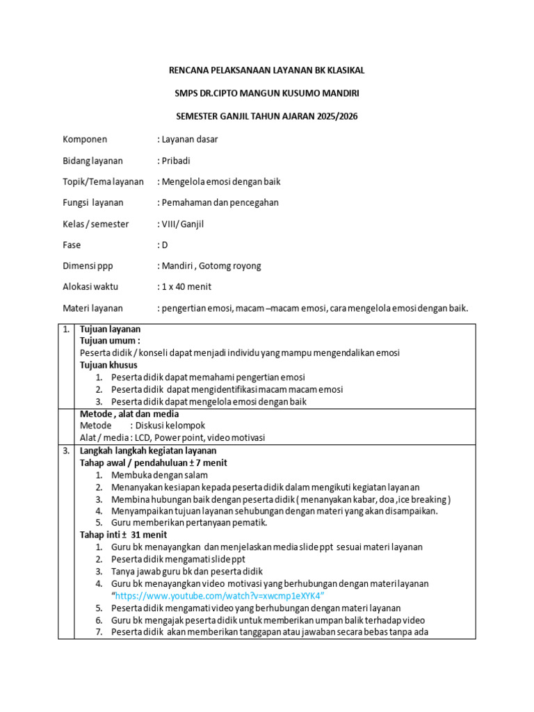 Revisi Rencana Pelaksanaan Layanan BK Klasikal | PDF