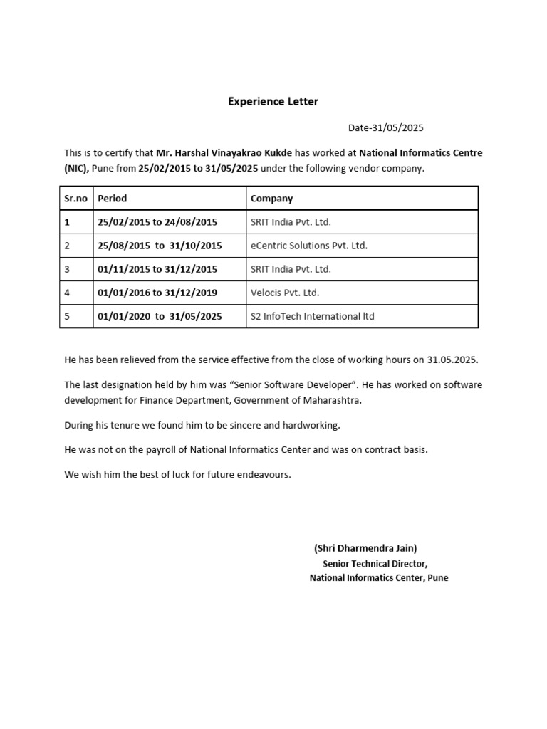 Harshal Experience Letter | PDF