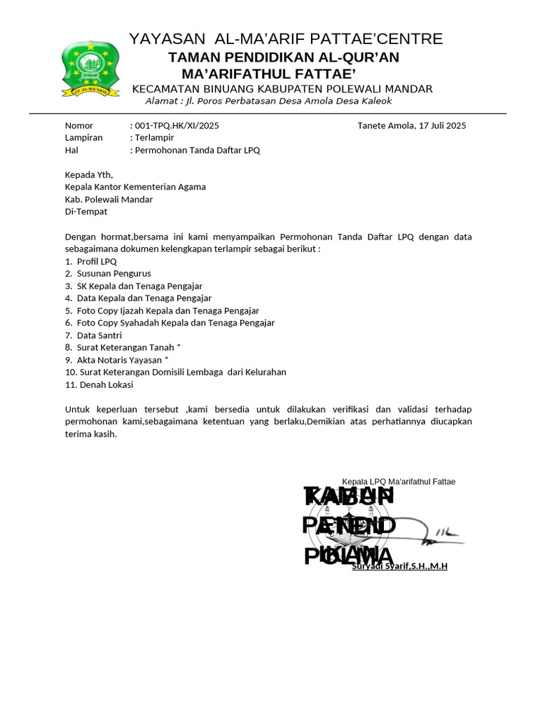 1 Surat Permohonan Tanda Daftar LPQ | PDF