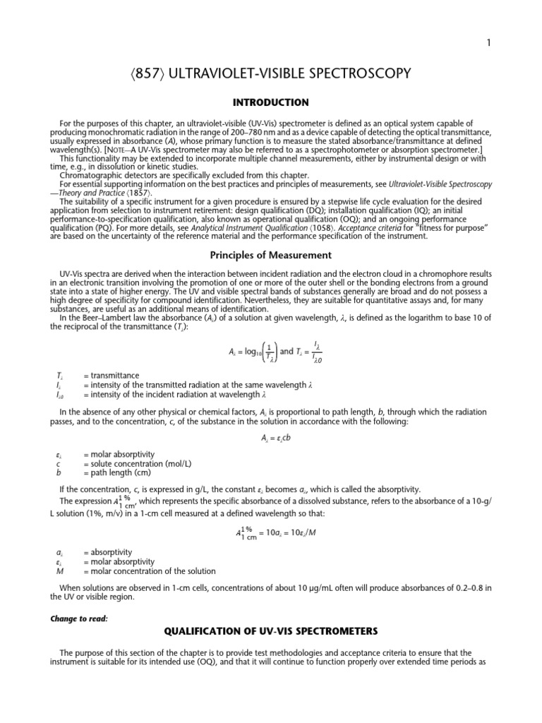 〈857〉 Ultraviolet-Visible Spectros | PDF | Ultraviolet–Visible Spectroscopy | Absorbance