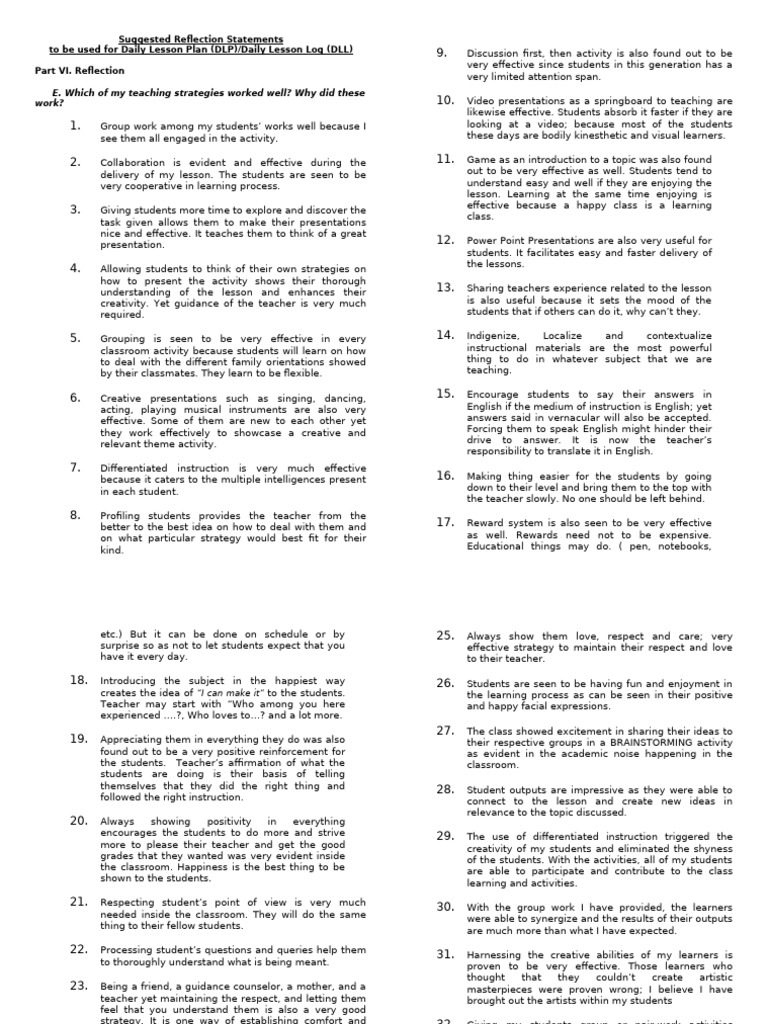 Effective Teaching Strategies Reflection | PDF | Teachers | Learning