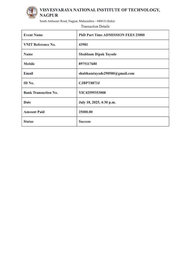 PHD (VNIT) Admission Fees Recipet11 | PDF