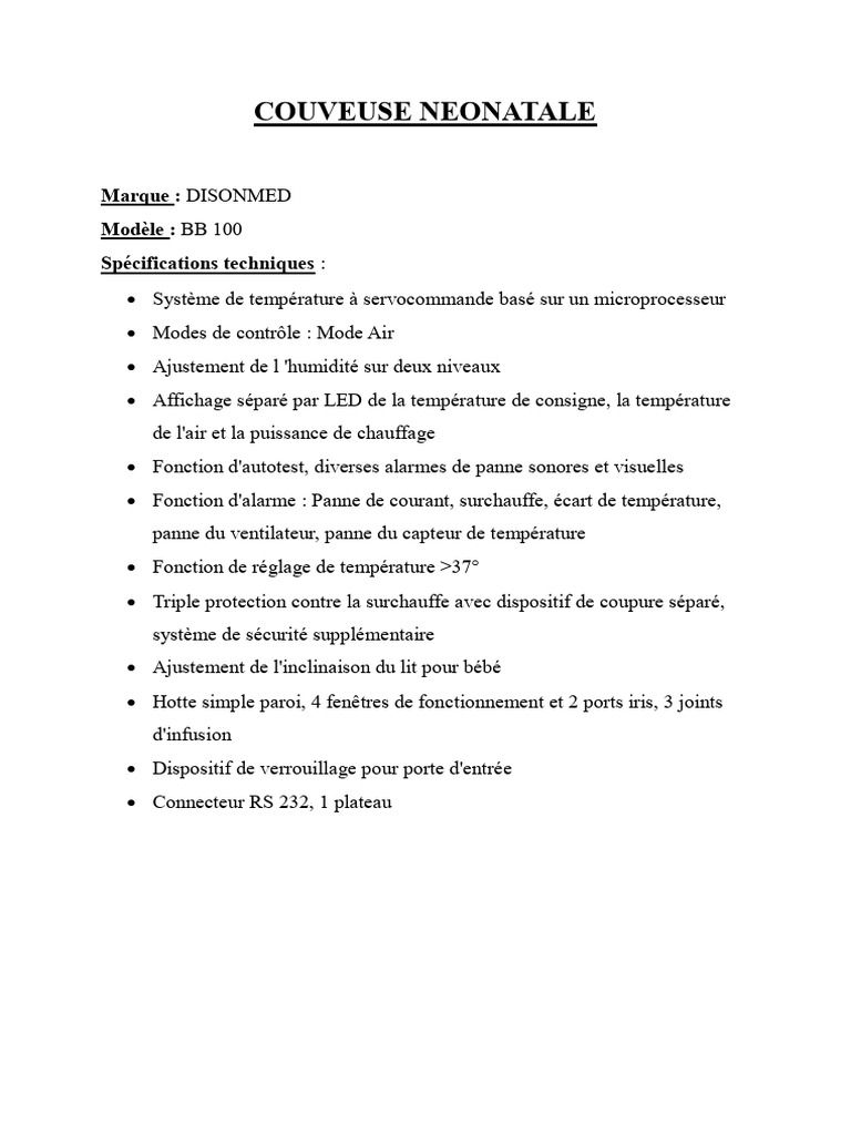 Couveuse Néonatale BB 100 DISONMED | PDF