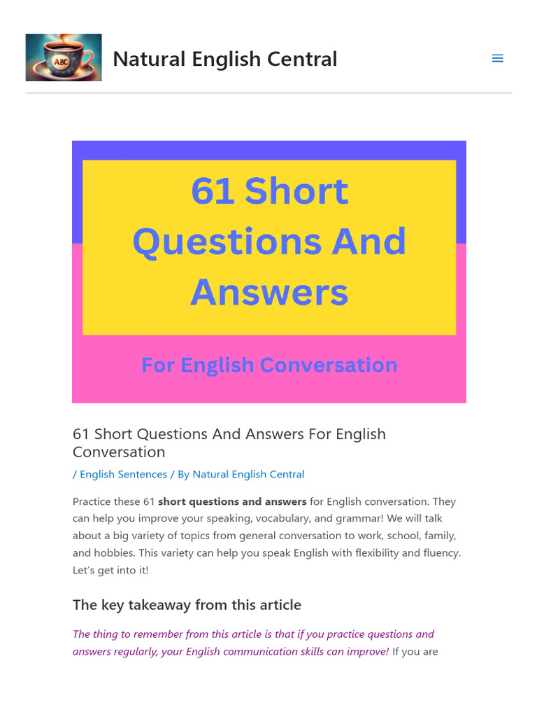 English Short Questions and Answers For English Conversation | PDF