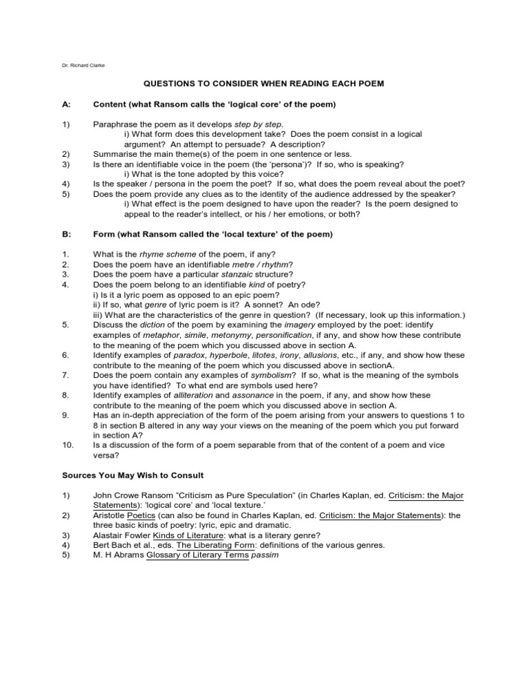 Questions Reading Poem | PDF | Poetry | Works