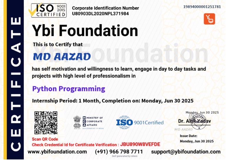 1-Month Internship @ybi Foundation | PDF