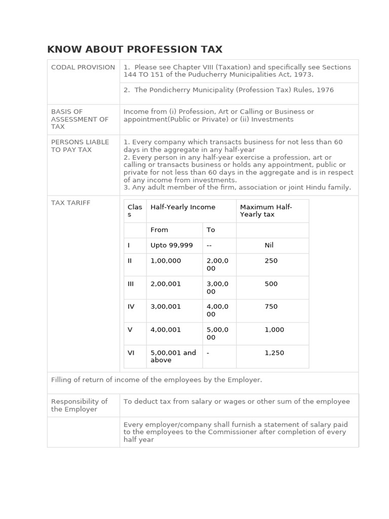 Puducherry Professional Tax Overview | PDF | Taxes | Employment