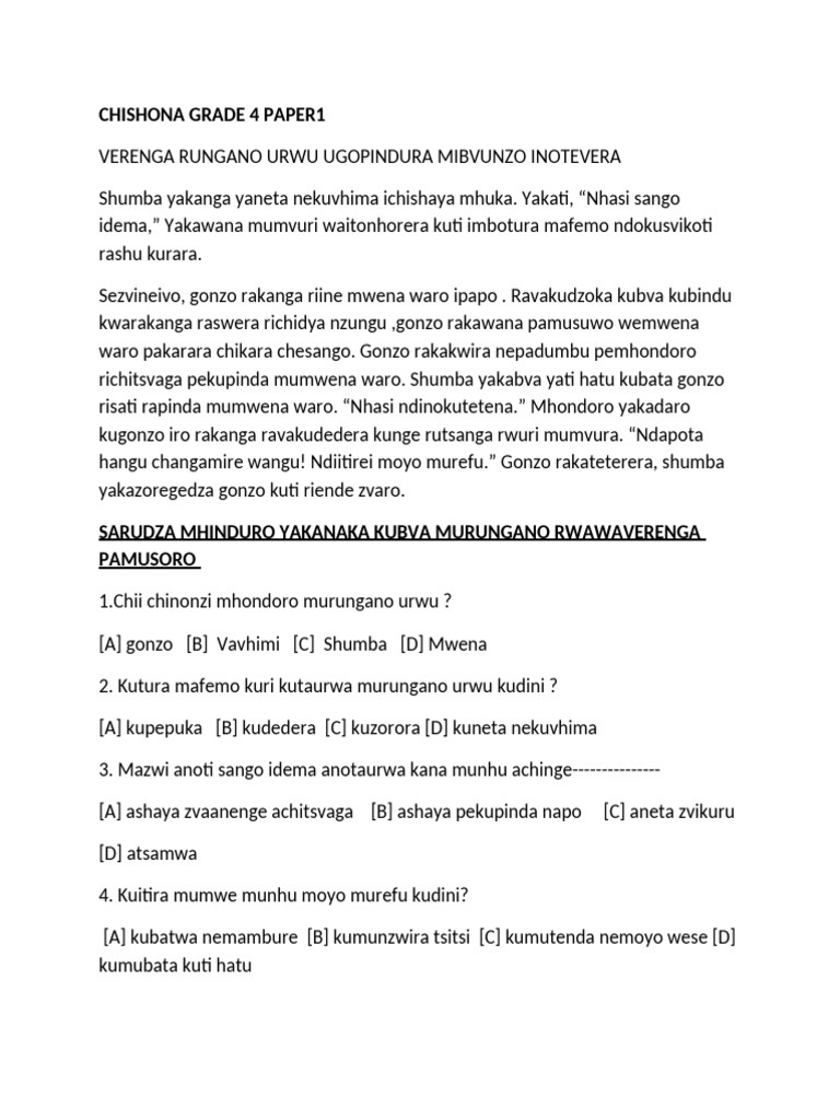 Chishona Grade 4 Paper1 | PDF