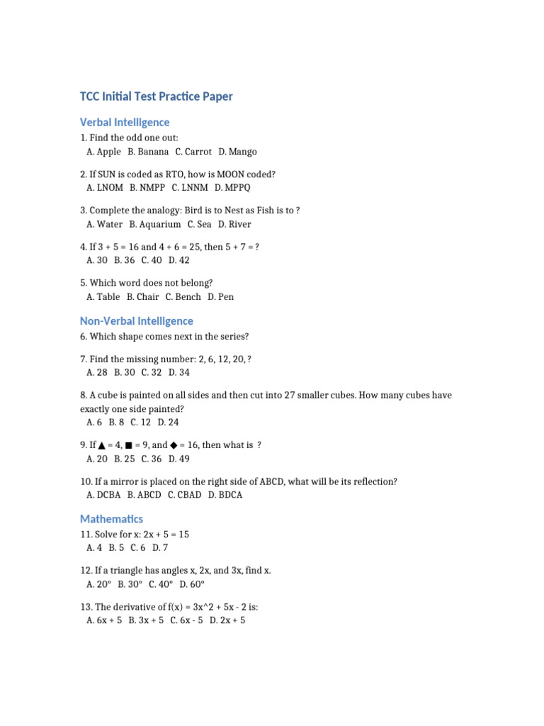 TCC Initial Test Practice Paper | PDF