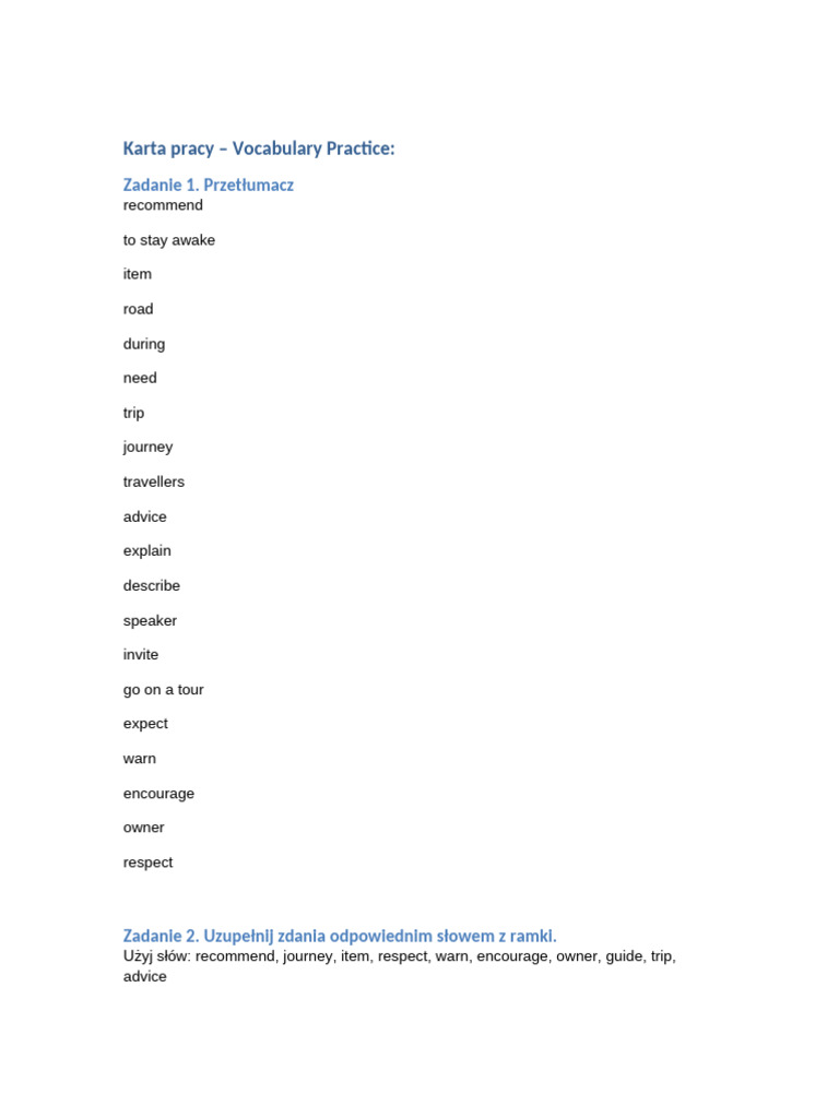 Karta Pracy Slowka Podroz | PDF
