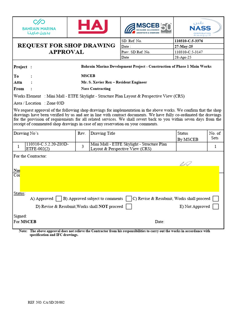 Bahrain Marina ETFE Skylight Approval Request | PDF