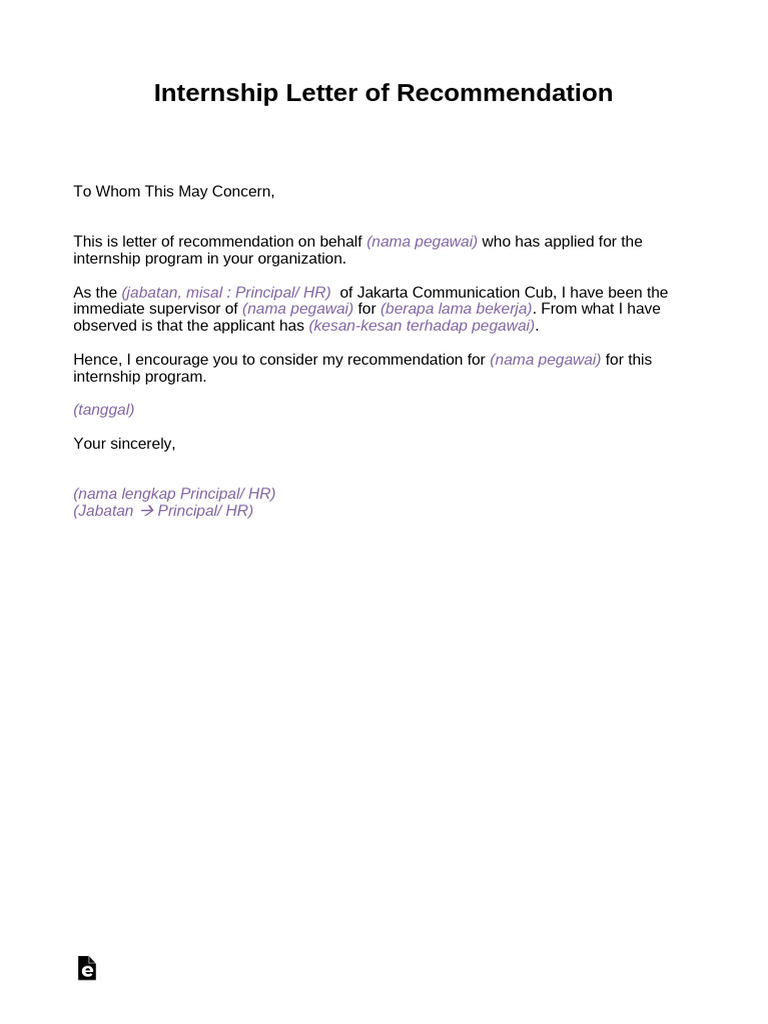 Internship Letter of Recommendation Template | PDF