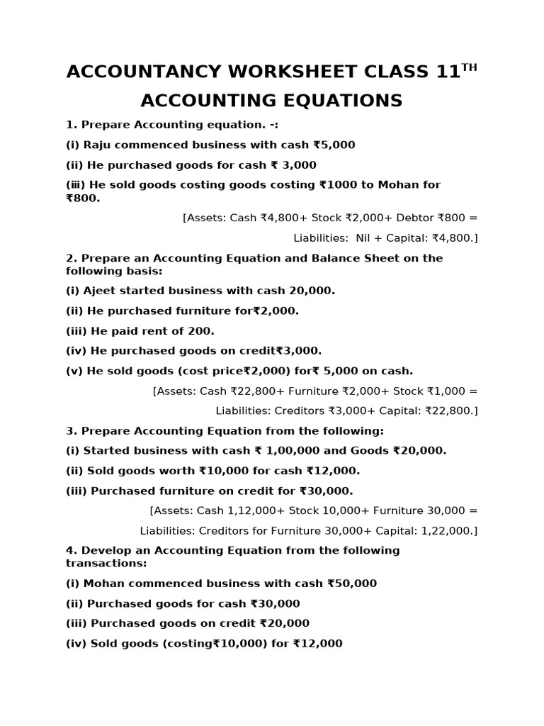 Accountancy Worksheet Class 11th Accounting Equation Commerce | PDF ...