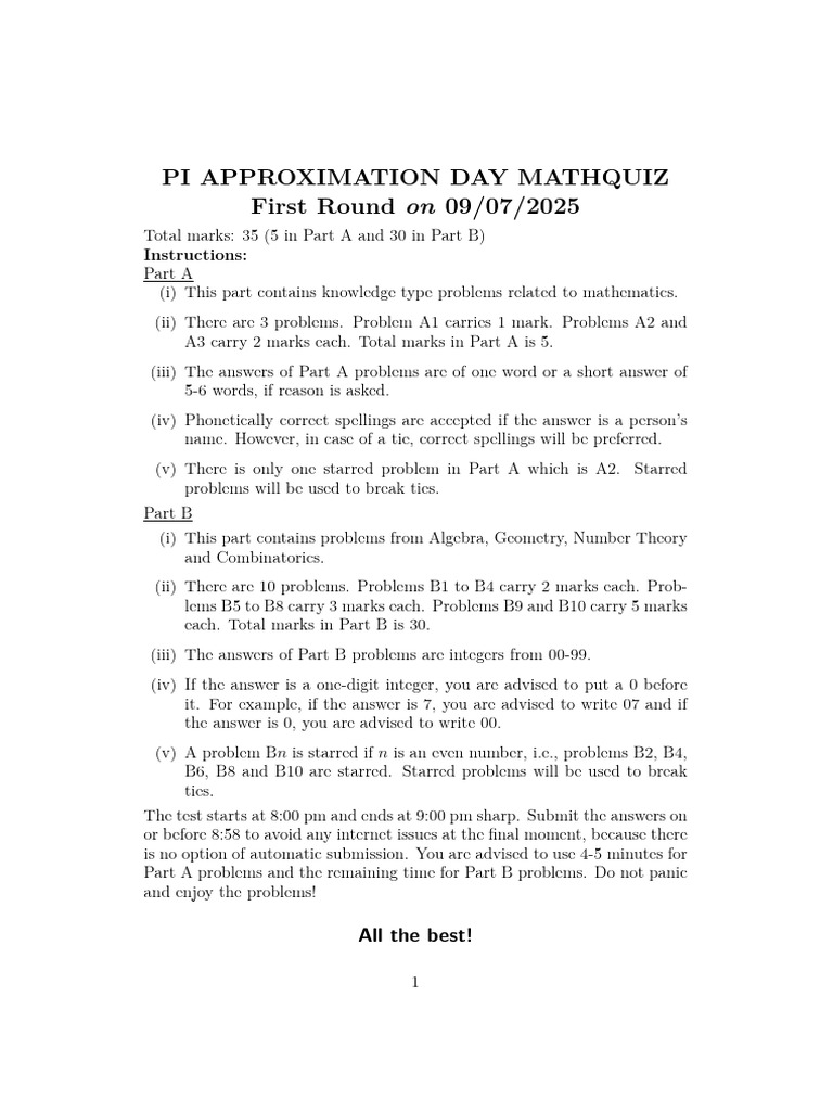 Math Quiz for Pi Approximation Day | PDF | Numbers | Ratio