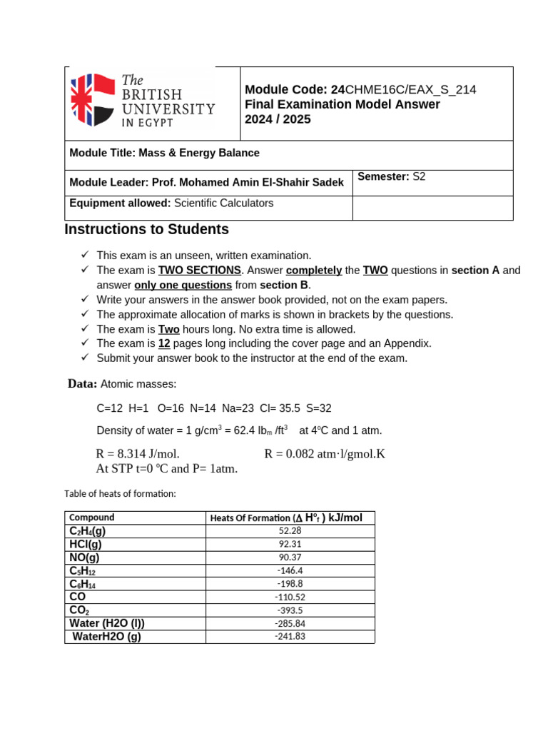 Mass & Energy Balance Exam Solutions | PDF | Ethanol | Temperature