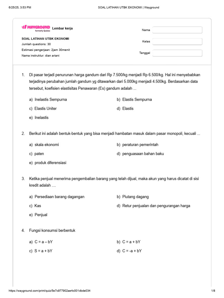 Soal Latihan Utbk Ekonomi _ Wayground | PDF
