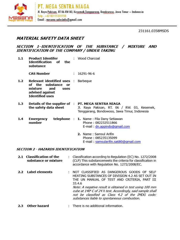Final - Msds Wood Charcoal PT Mega Sentra Niaga | PDF | Firefighting ...