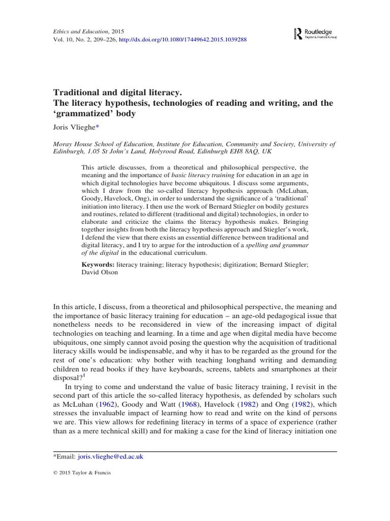 Traditional and Digital Literacy. The Literacy Hypothesis, Technologies ...