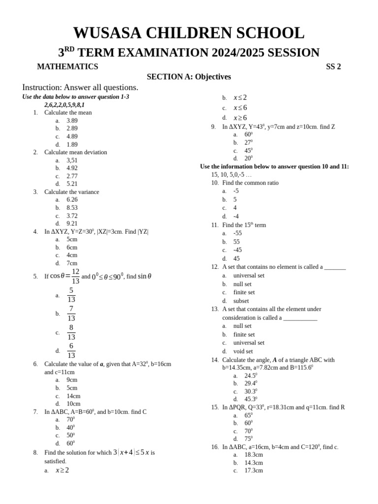 Wusasa School SS2 Math Exam Questions | PDF | Mathematical Analysis ...