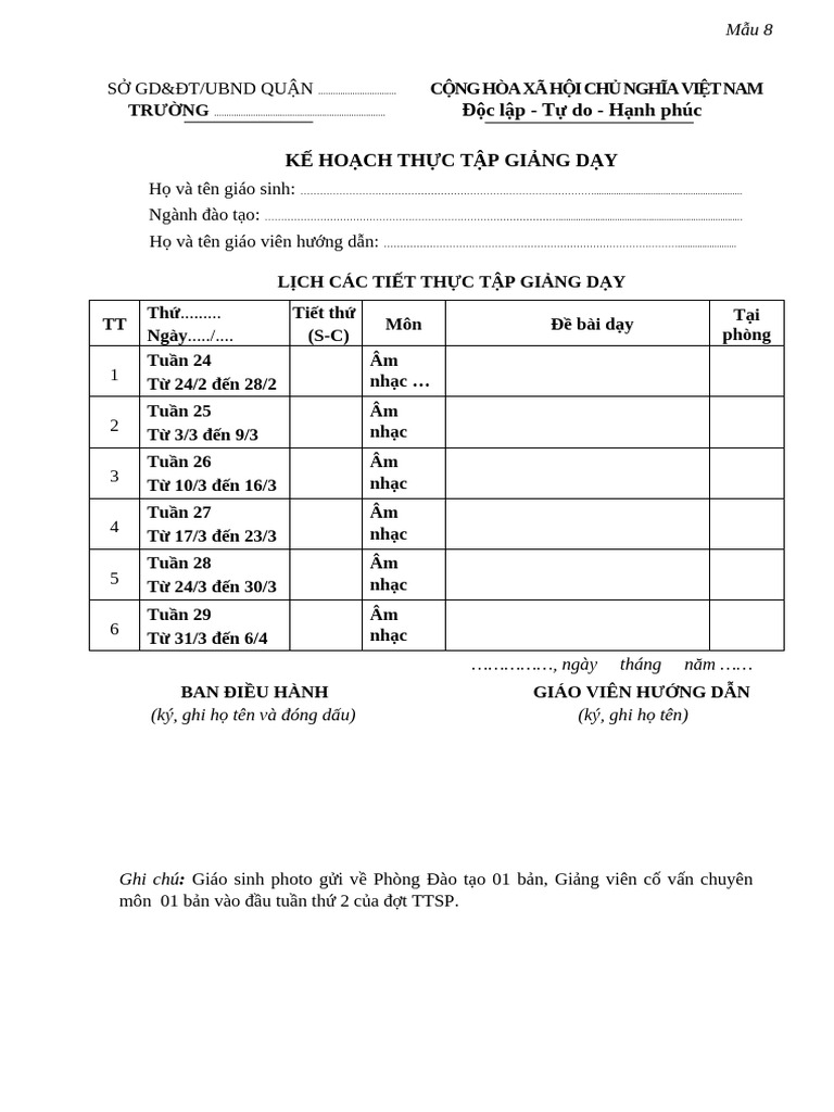 Mau 8 KeHoach ThucTap GiangDay 2 | PDF