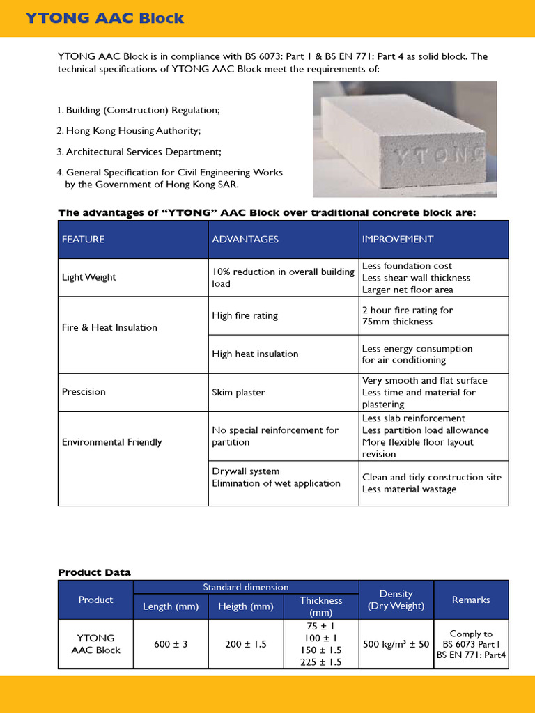 YTONG AAC Block Specifications and Benefits | PDF | Plaster | Thermal ...
