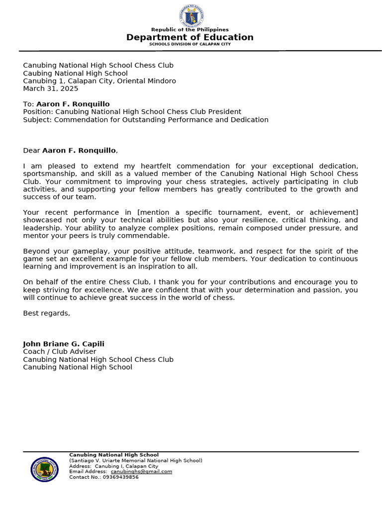 Letter For Commendation For Outstanding Performance and Dedication For ...