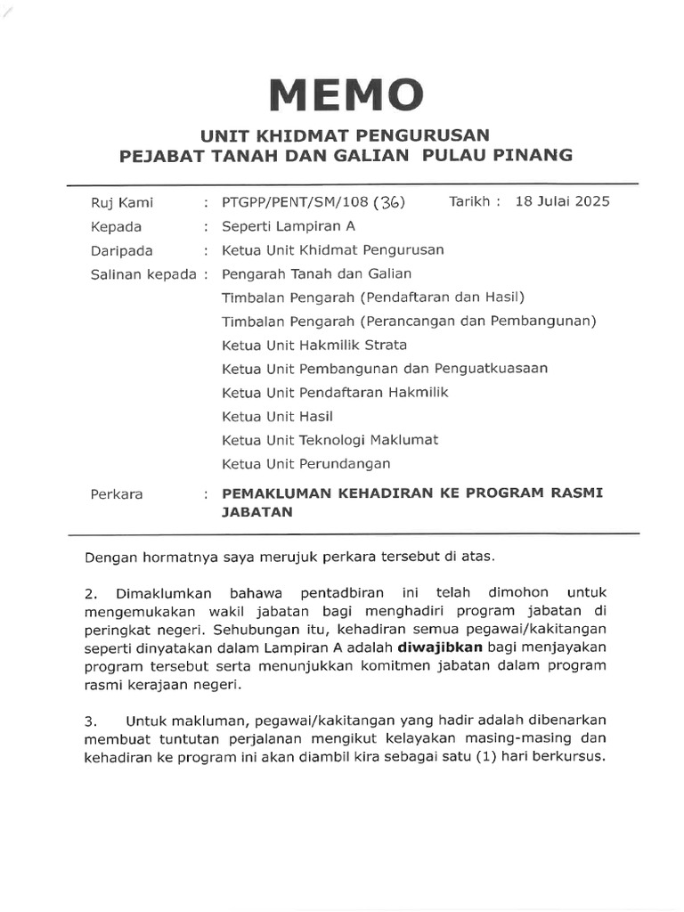 Memo Pemakluman Kehadiran Ke Program Rasmi Jabatan | PDF