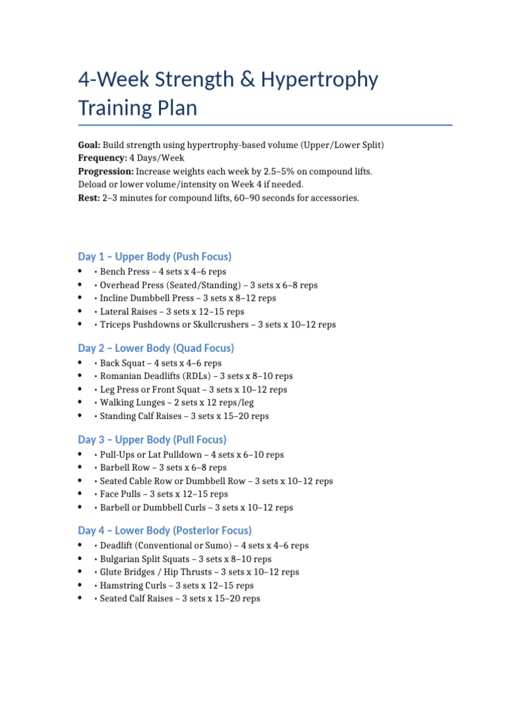 4-Week Hypertrophy Training Plan | PDF