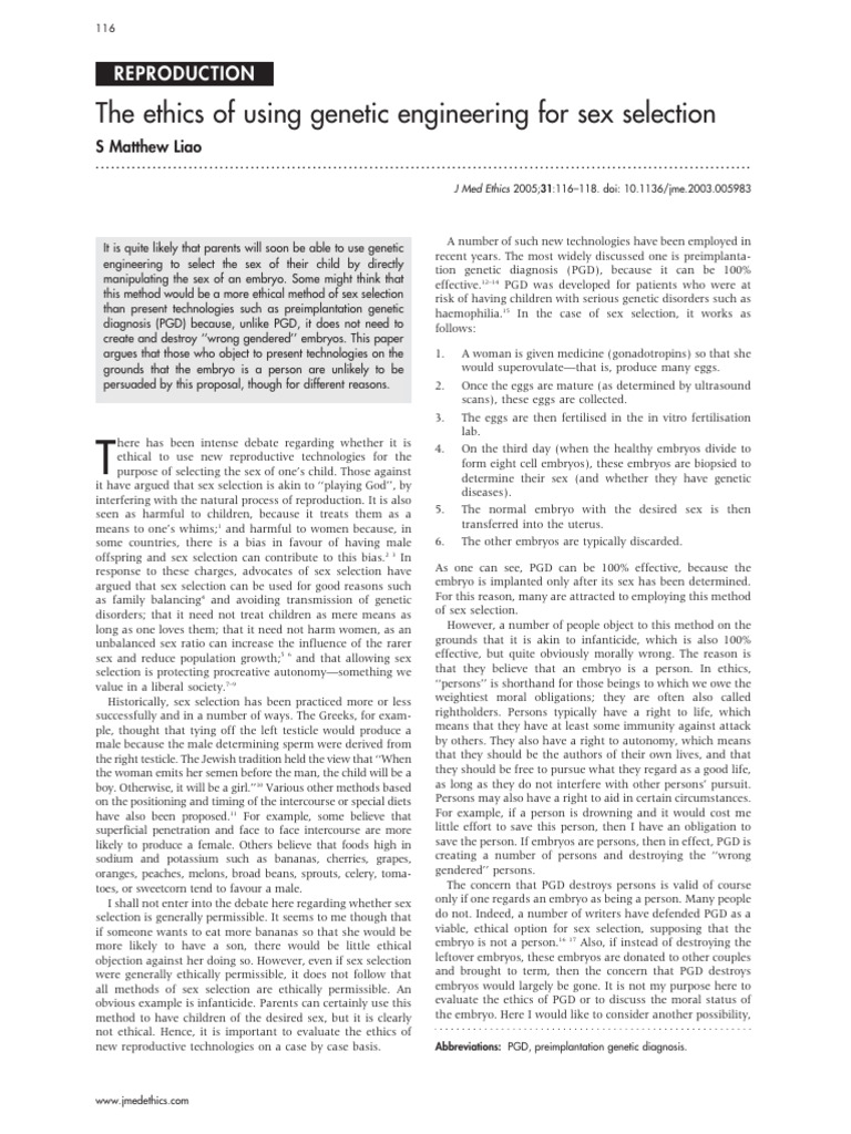 The Ethics Of Using Genetic Engineering For Sex Selection Pdf 1364
