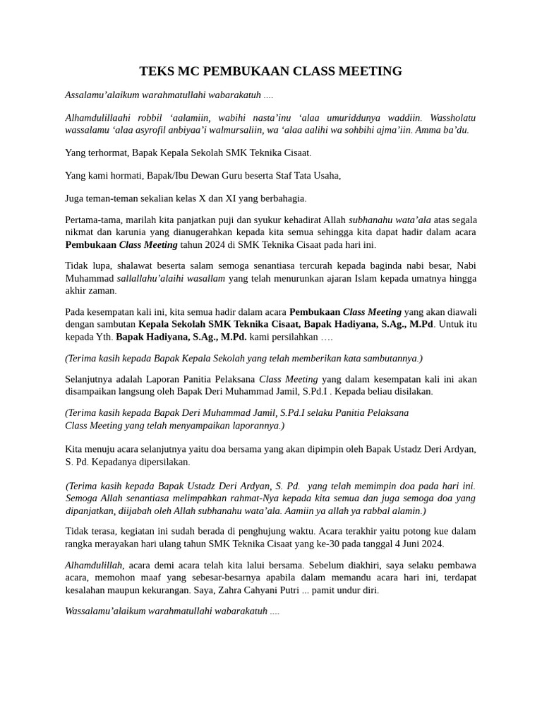 Teks MC Pembukaan Classmeet | PDF