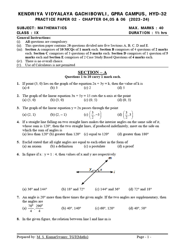 WP Contentuploads202309maths Class Ix Chapter 04 05 and 06 Practice Paper 02 PDF | PDF | Angle ...