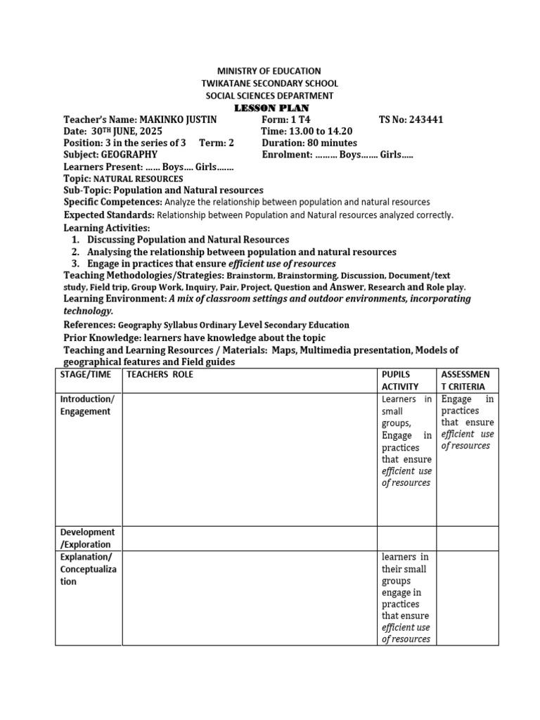 Natural Resources 6 - 081312 | PDF | Lesson Plan | Learning